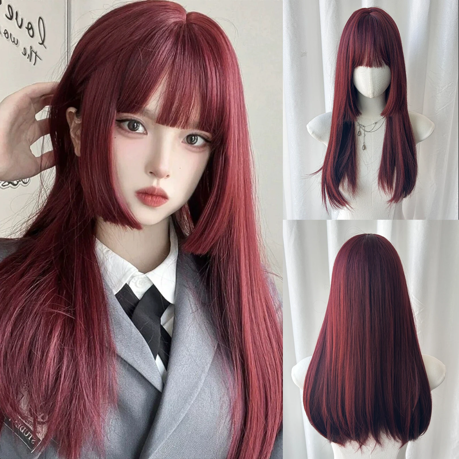 MEISU-22-Inch-Princess-Bangs-Long-Straight-Wigs-Fiber-Synthetic-Heat ...