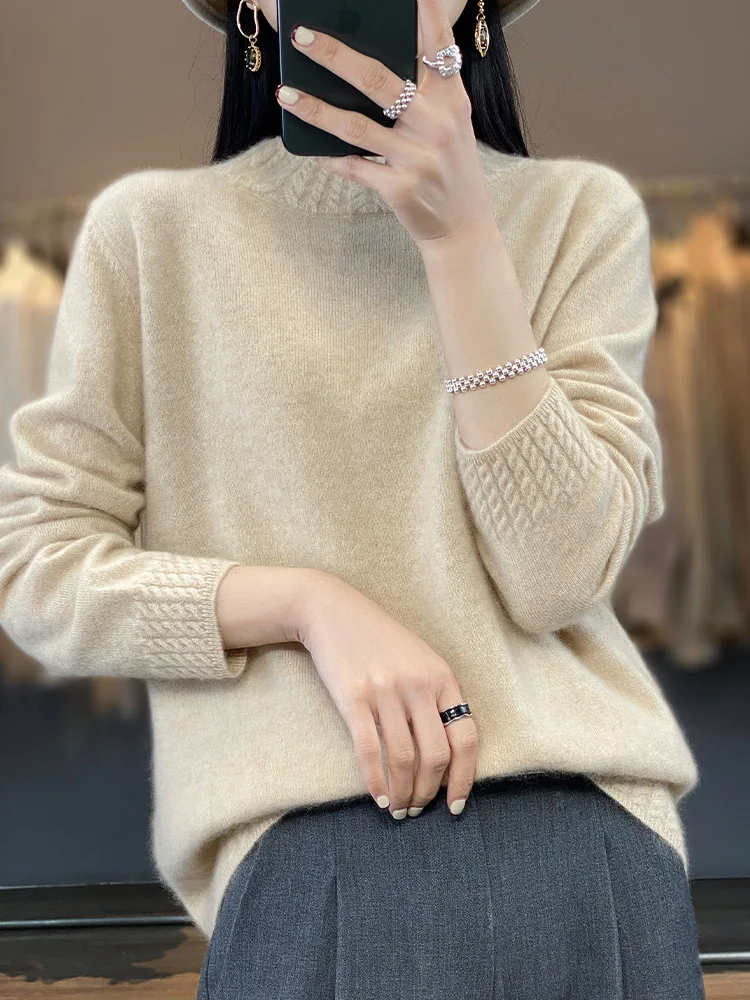 Suéter de Cachemira de lana pura para mujer, jersey de cuello medio ...