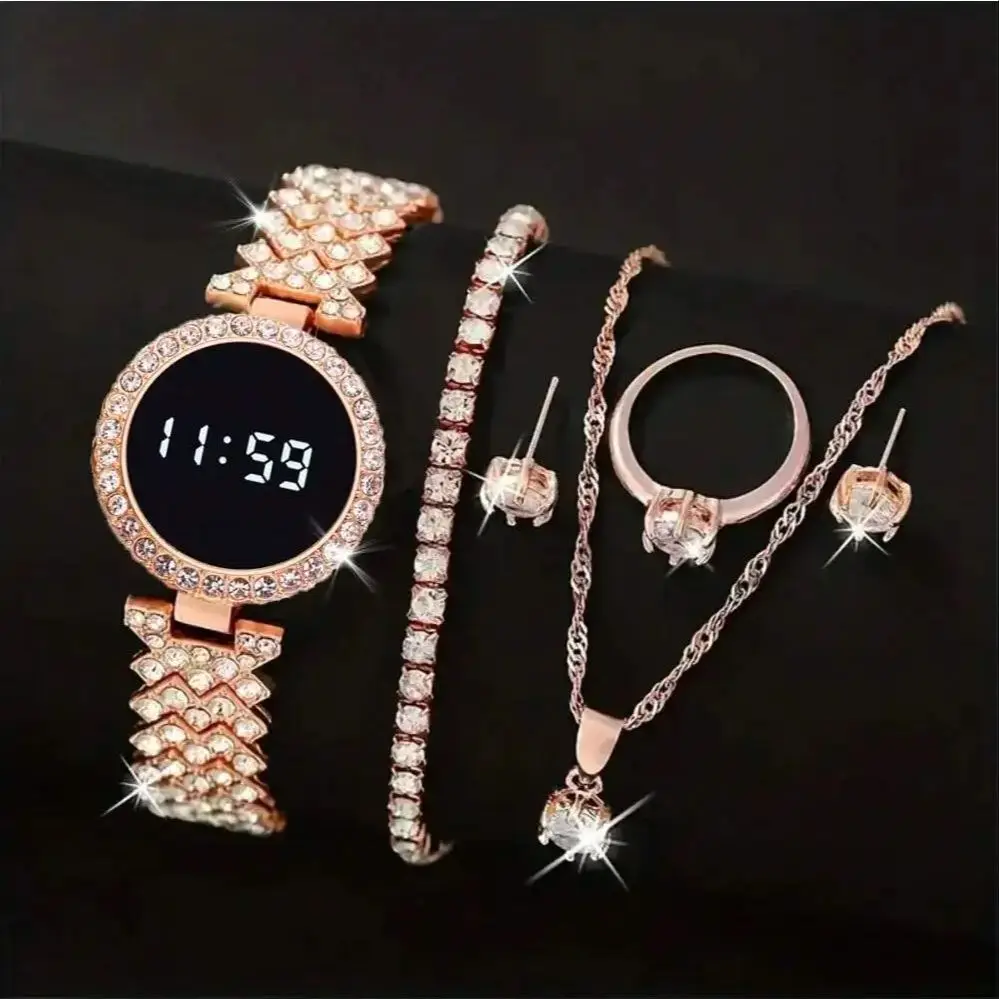 Women Digital Watch 5pcs Set Fashion Casual Alloy Strap Led Watches ...