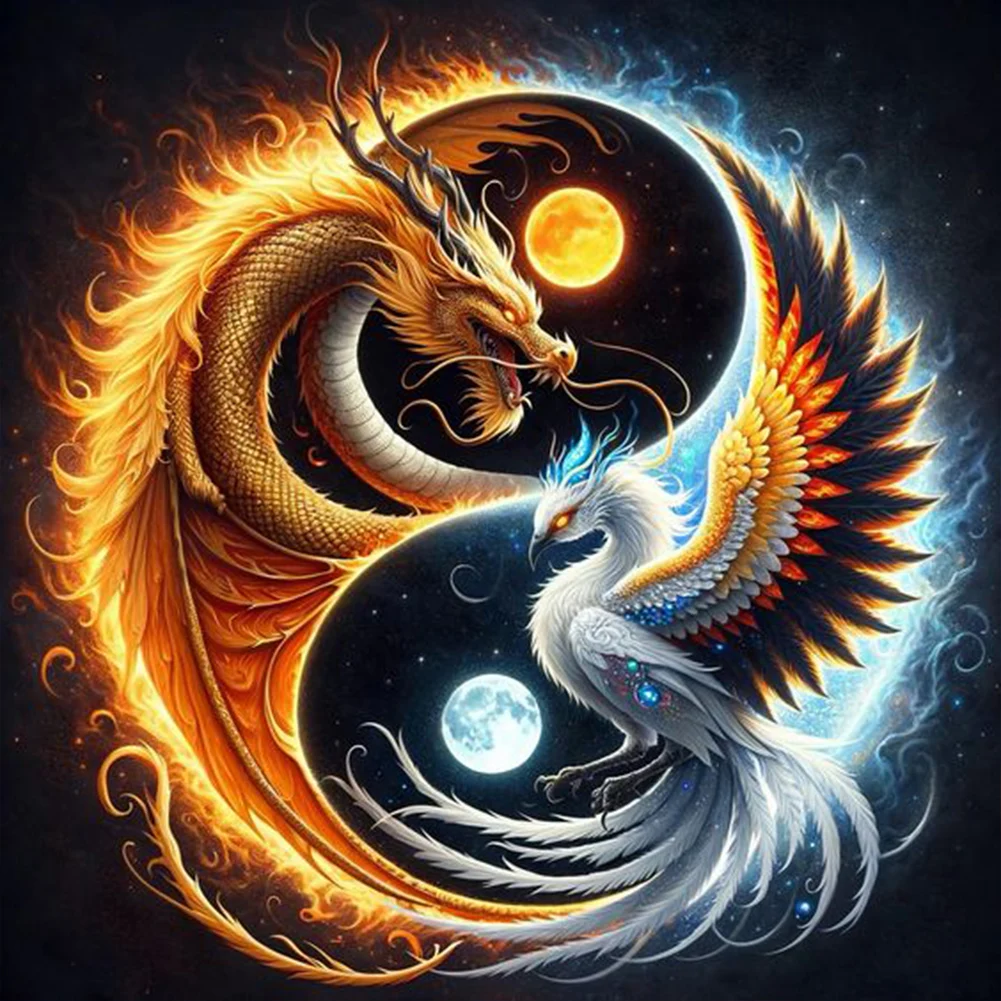 5D DIY Full Round Drill Diamond Painting Fire Dragon Ice Phoenix Decor ...