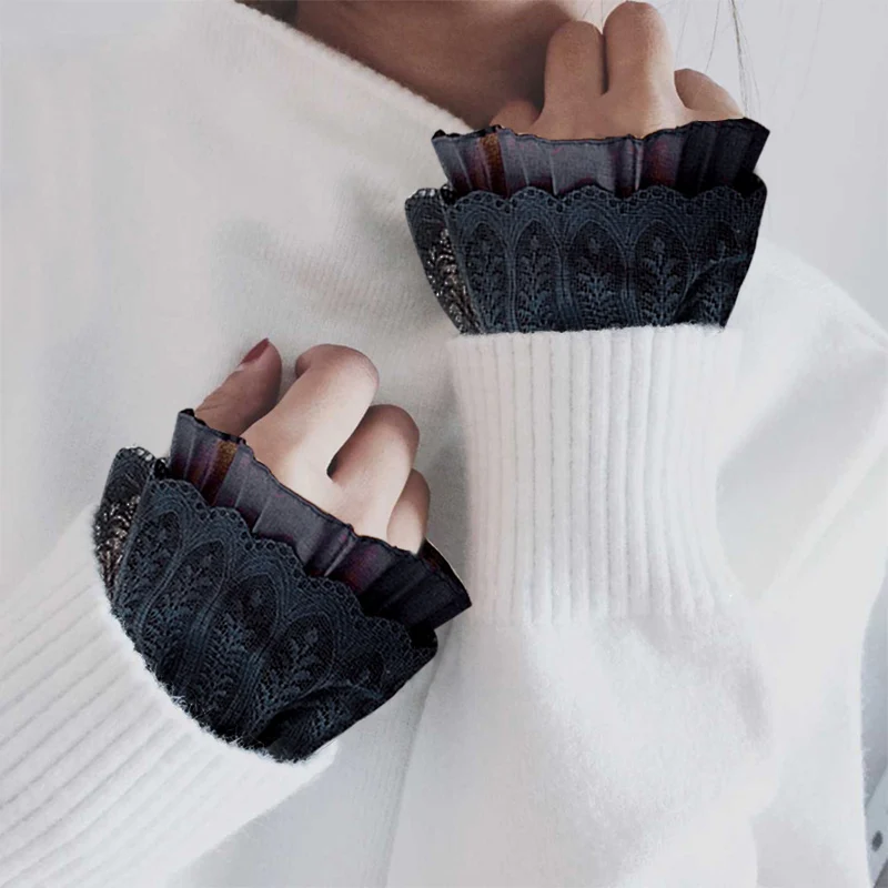 1Pair-Women-Girls-Fake-Flare-Sleeves-Cuffs-Floral-Lace-Pleated-Ruched ...