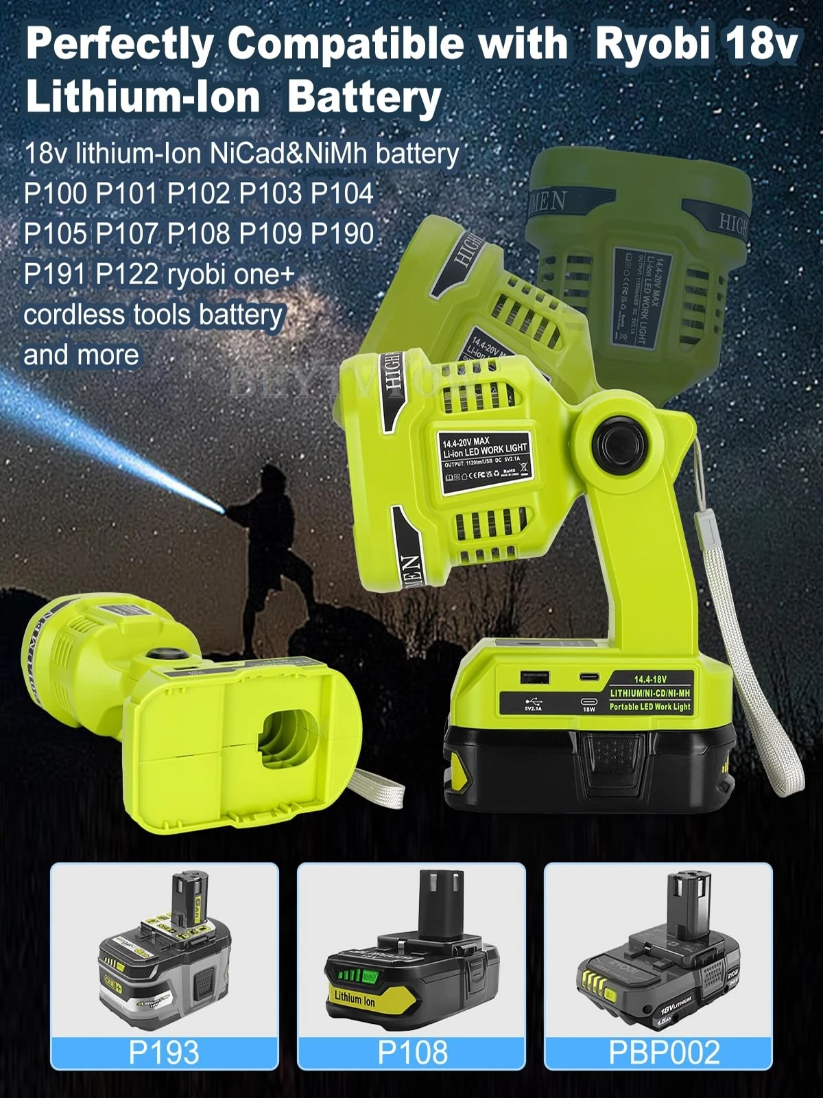 1120LM Portable LED Flashlight for Ryobi 18V Battery with USB-A/C 2.1A ...