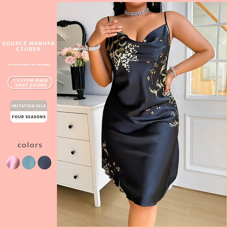 Plus Size Cherry Print Silk Satin Women Nightgown Pajama Dress Cowl ...