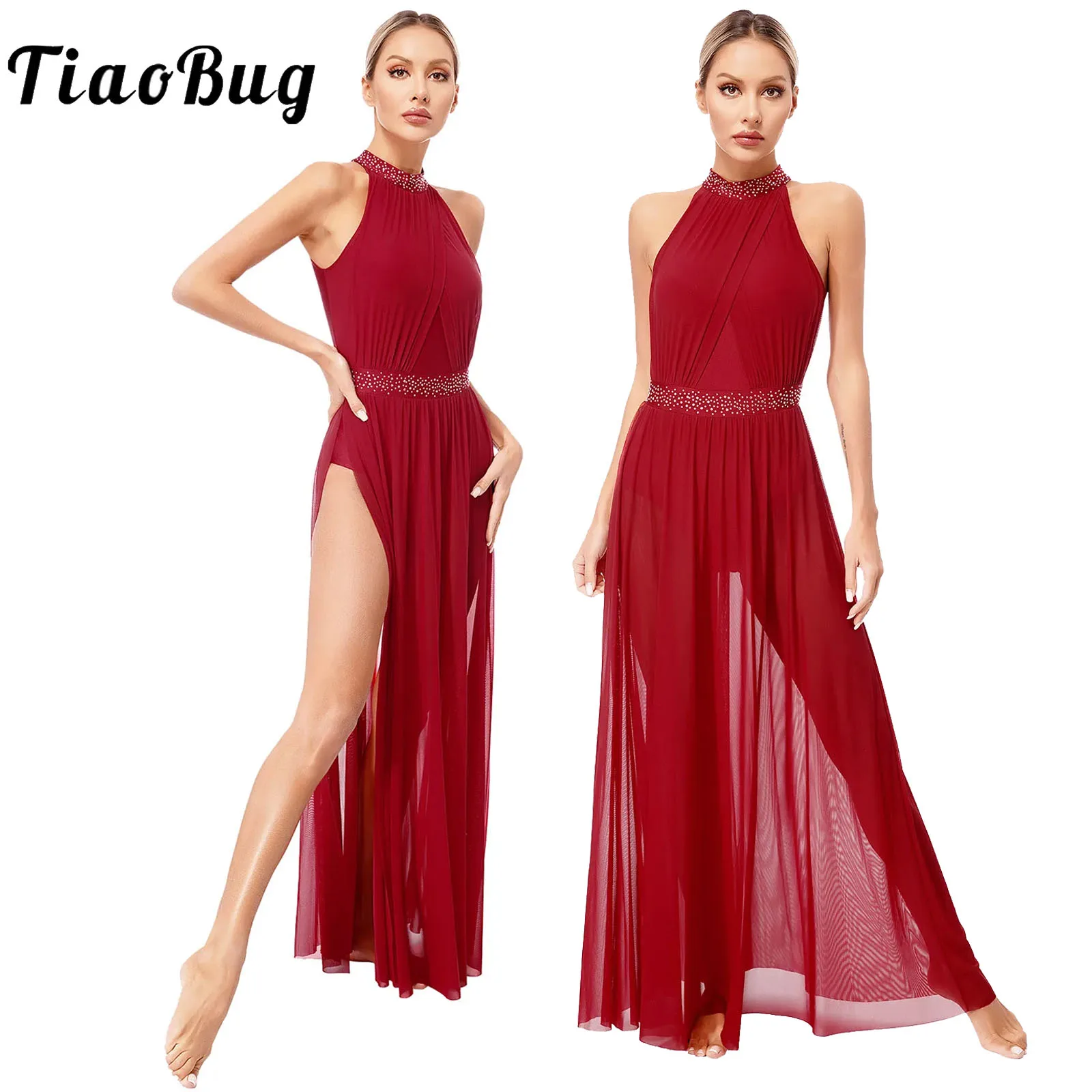 Women Sleeveless Contemporary Lyrical Dance Dress Shiny Rhinestones ...