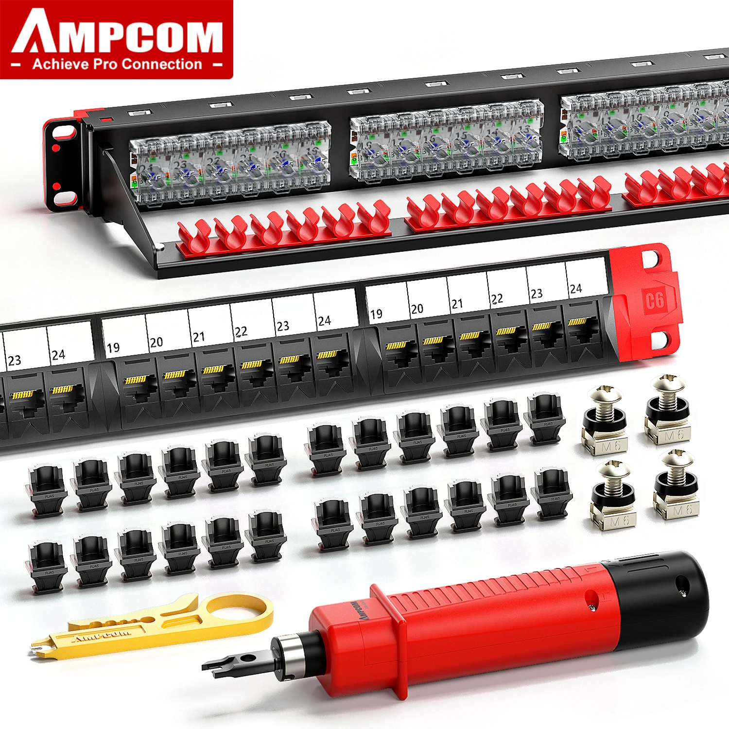AMPCOM CAT6 Patch Panel 24 Ports, Industrial Series, 50U Gold Plated ...