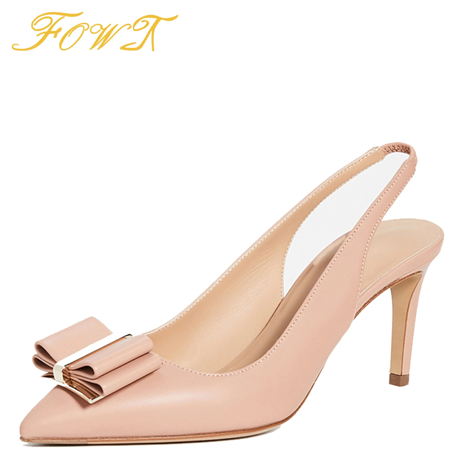 Nude Slingbacks High Thin Heels Elastic Women Butterfly-knot Pumps ...