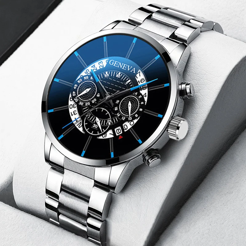 Luxury Mens Silver Stainless Steel Watches Fashion Men Business Leather ...