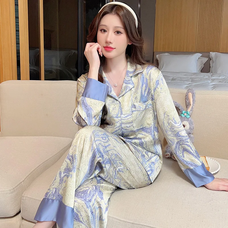 Ice-Silk-Pajamas-Women-s-Summer-Long-sleeved-Trousers-Two-piece-Printed-Light-Luxury-Pajamas ...