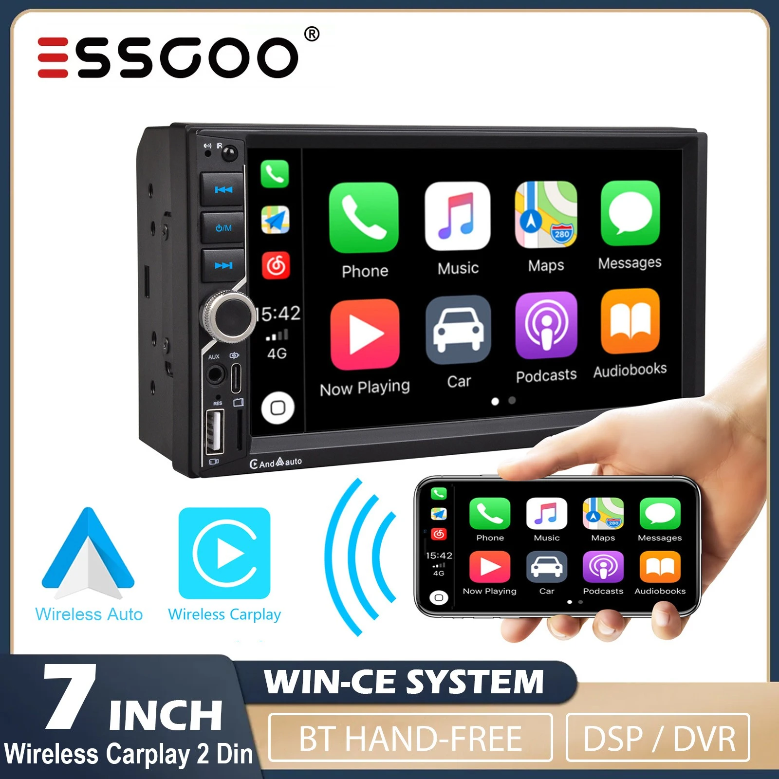 Essgoo 7" Car Carplay Radio 2 Din Video Player Carplay & Android Auto Wireless Connection ...