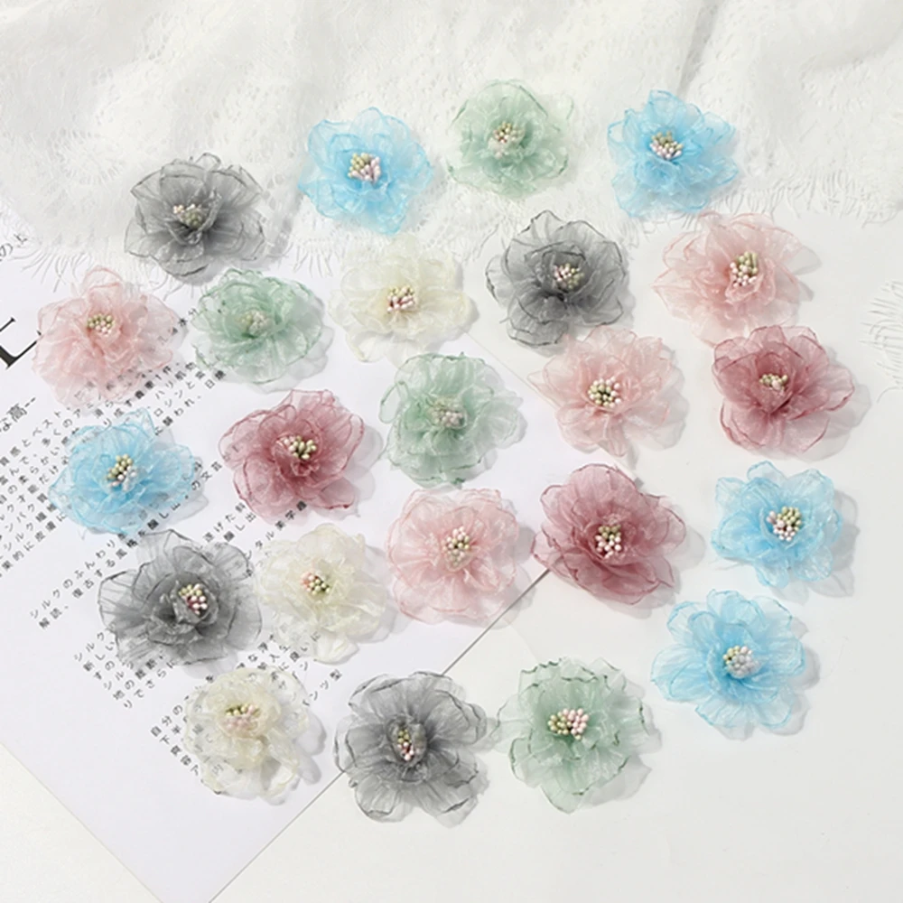 10PCs-Artificial-Flowers-Chiffon-Gauze-Flower-Mesh-Clothing-Making-Hair ...