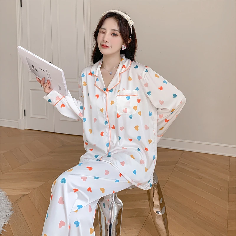 Womens-Long-Sleeve-Pink-Peach-Pajamas-Silk-Set-Two-Pieces-Sleepwear ...
