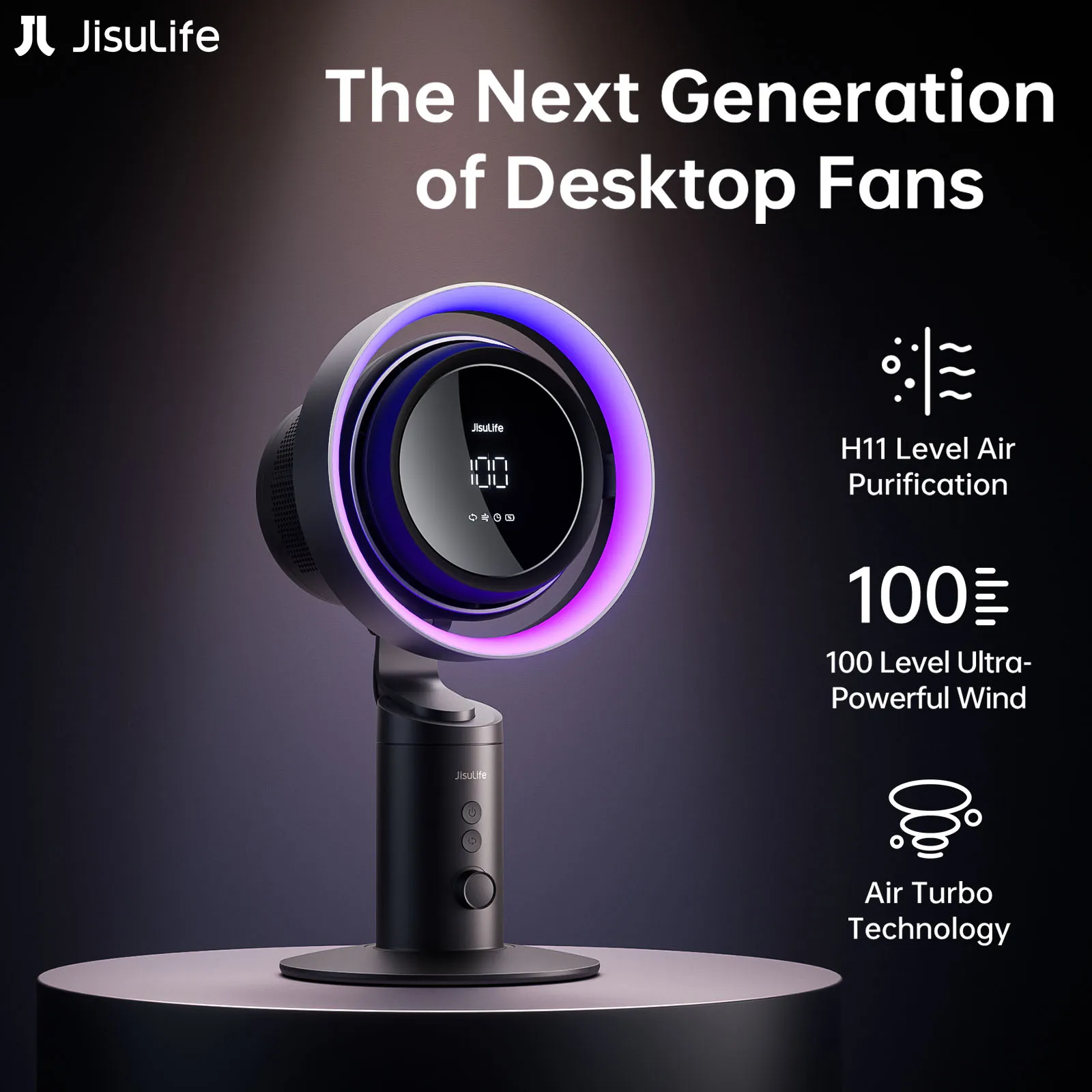 JISULIFE Table Fan Air Purifier and RGB Light Turbo Oscillating Fan H11 ...