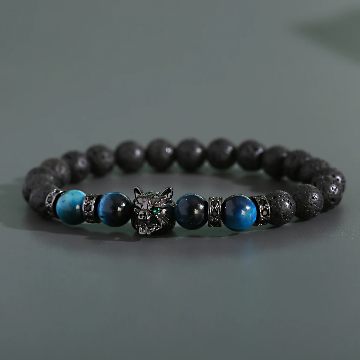 Black Lava Stone Wolf Charm Men's Bracelets Natural 8mm Frosted Beads ...