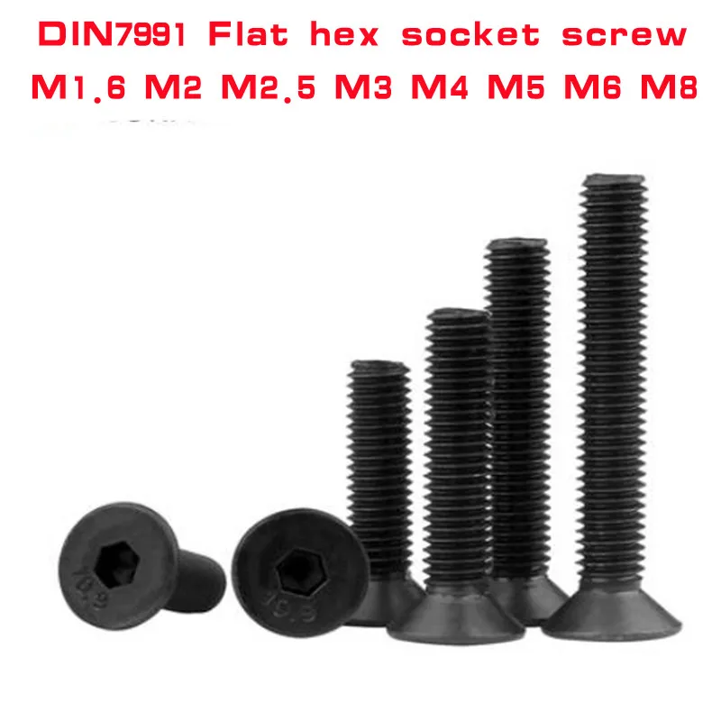 5/10/50pcs M1.6 M2 M2.5 M3 M4 M5 M6 M8 Black Grade 10.9 Steel DIN7991 Hexagon Hex Socket Head ...