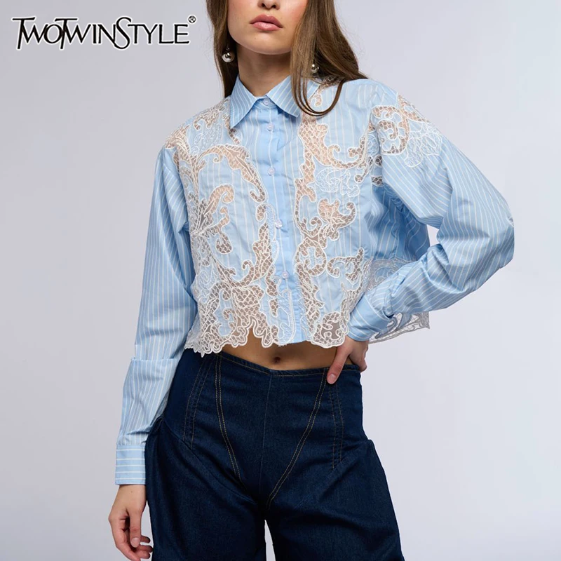 TWOTWINSTYLE-Hit-Color-Striped-Patchwork-Lace-Shirts-For-Women-Lapel ...
