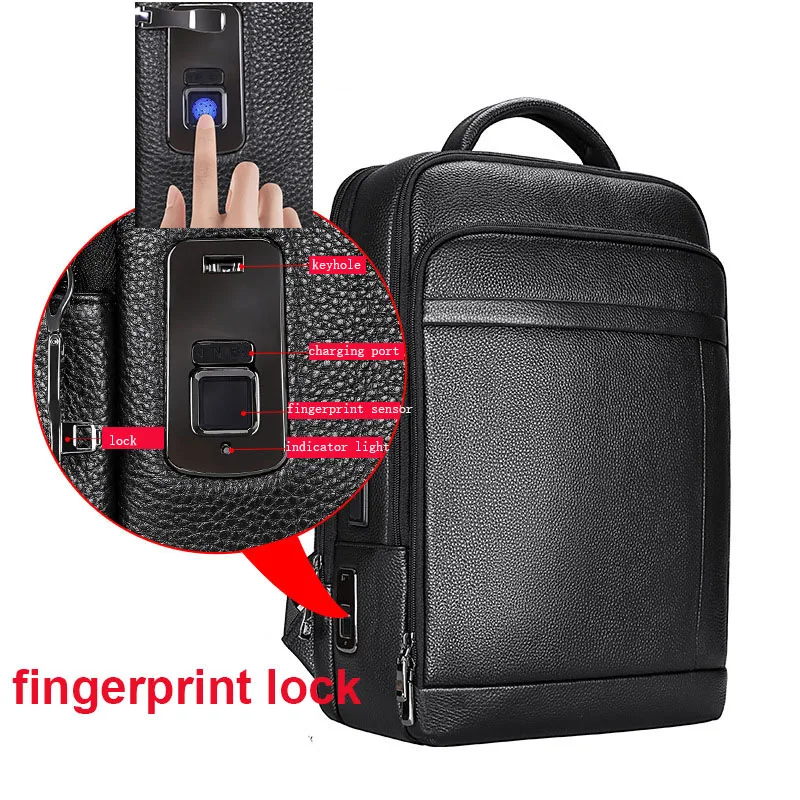 Fingerprint Lock Men Backpack Genuine Leather Business 15.6 inch Laptop ...