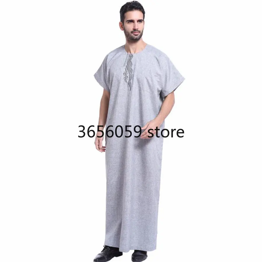 남자를위한 새로운 짧은 소매 이슬람교 Abaya Jubba Thobe 중동 긴 가운 Kaftan 아랍 두바이 둥근 목 자수 ...