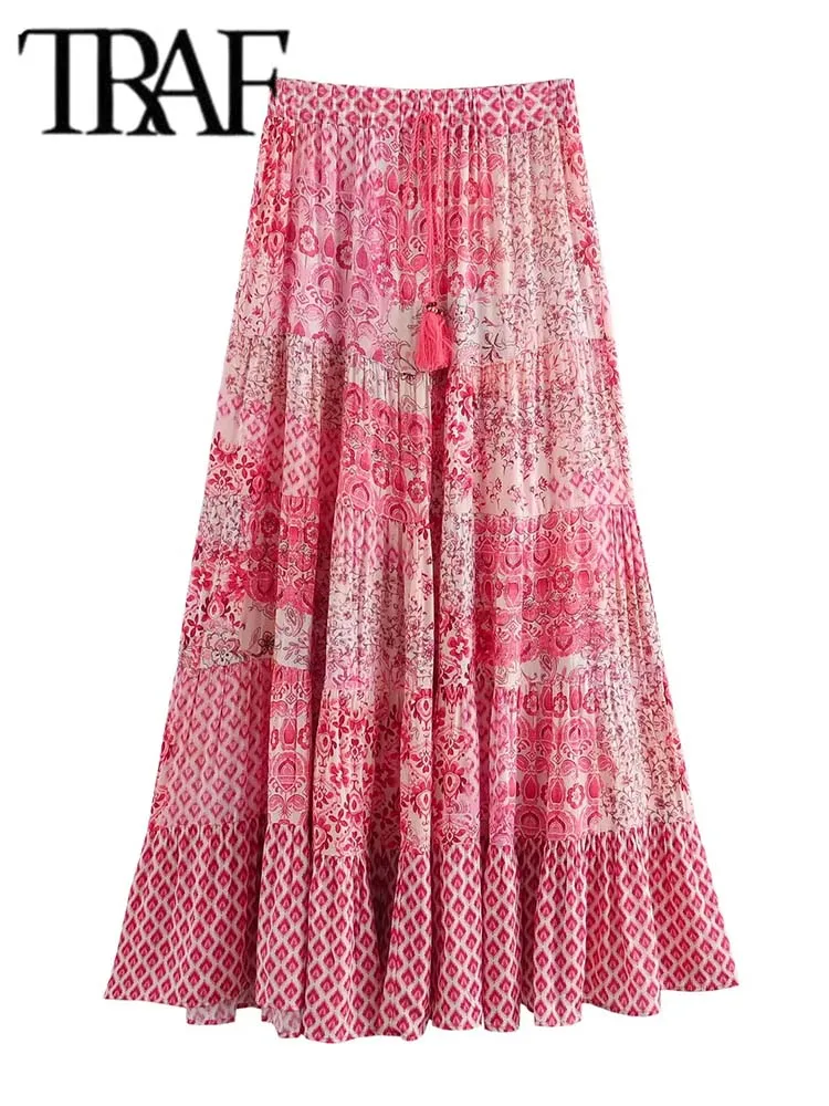TRAF-Saia-Plissada-Floral-Feminina-Cintura-Alta-Longa-Borla-Saias-Maxi ...