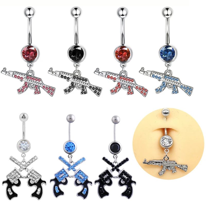 New-Belly-Button-Rings-Gun-Dangle-Navel-Ring-Clear-Gem-Punk-Belly ...
