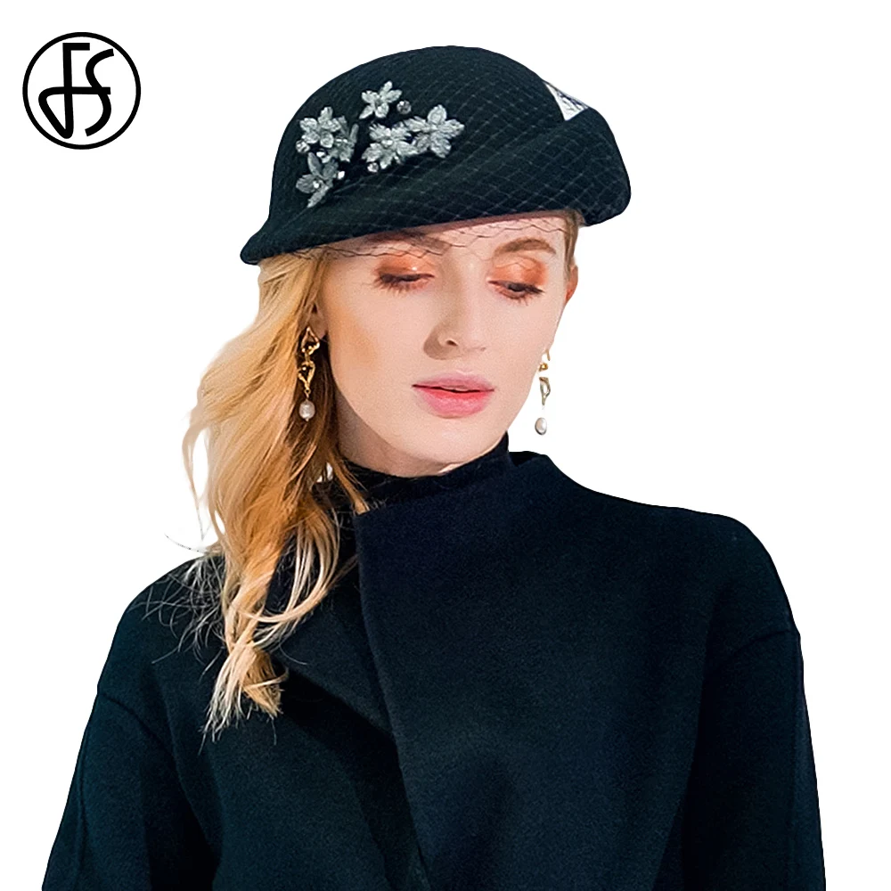 FS Elegant Church Party Cap Formal Dress Beret Black Wool Felt Hats For ...
