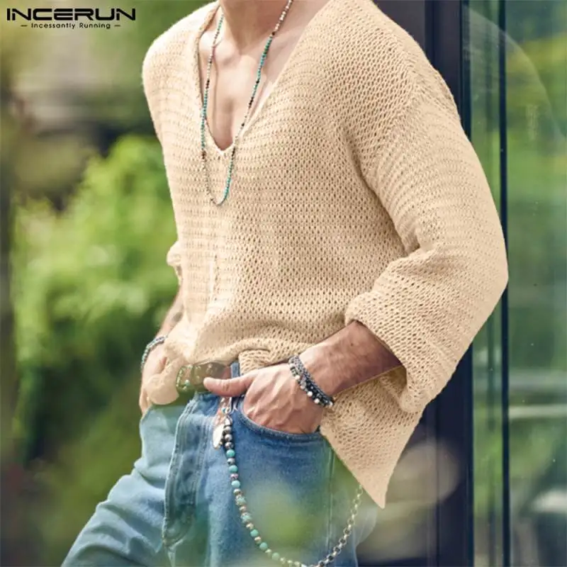 INCERUN Men T Shirt Solid Color Knitted V Neck Long Sleeve Casual Men ...