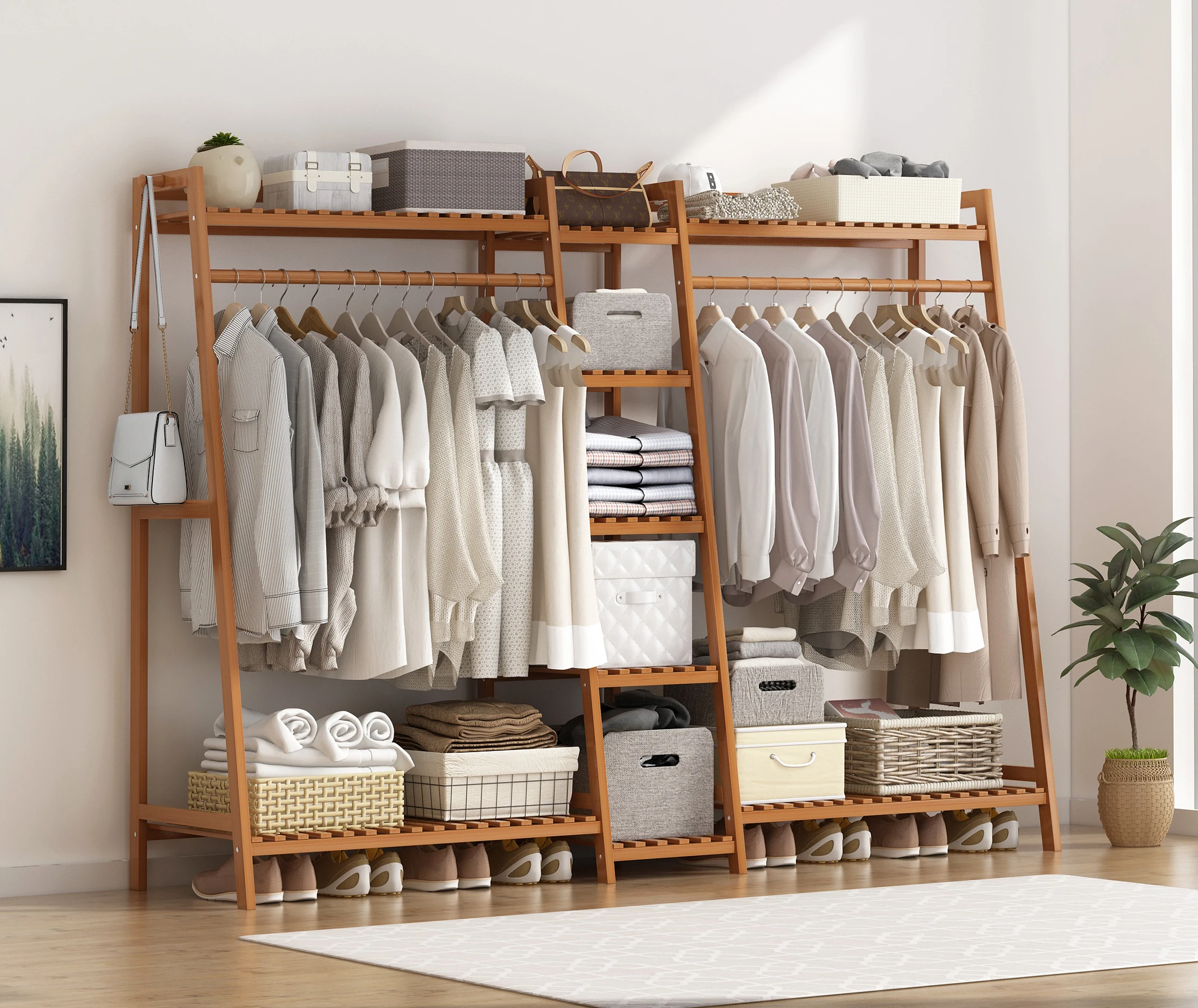 Minimalist Floor Standing Clothes Rack Stand Wardrobe Bamboo Clothes ...