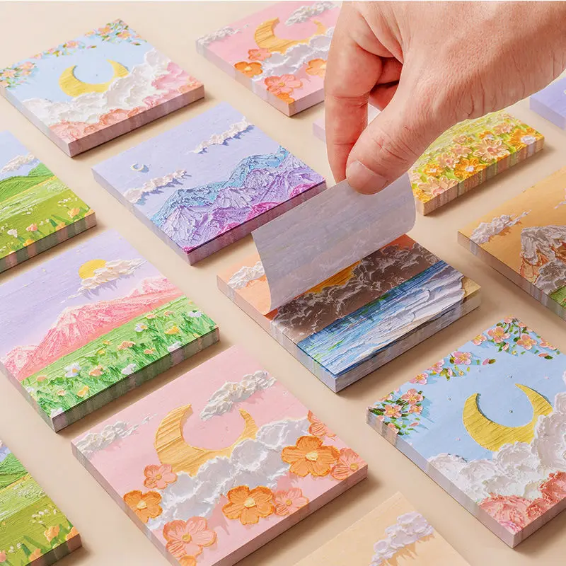 80Sheets Oil Painting Landscape Post Memo Note Girl Heart Hand Account ...