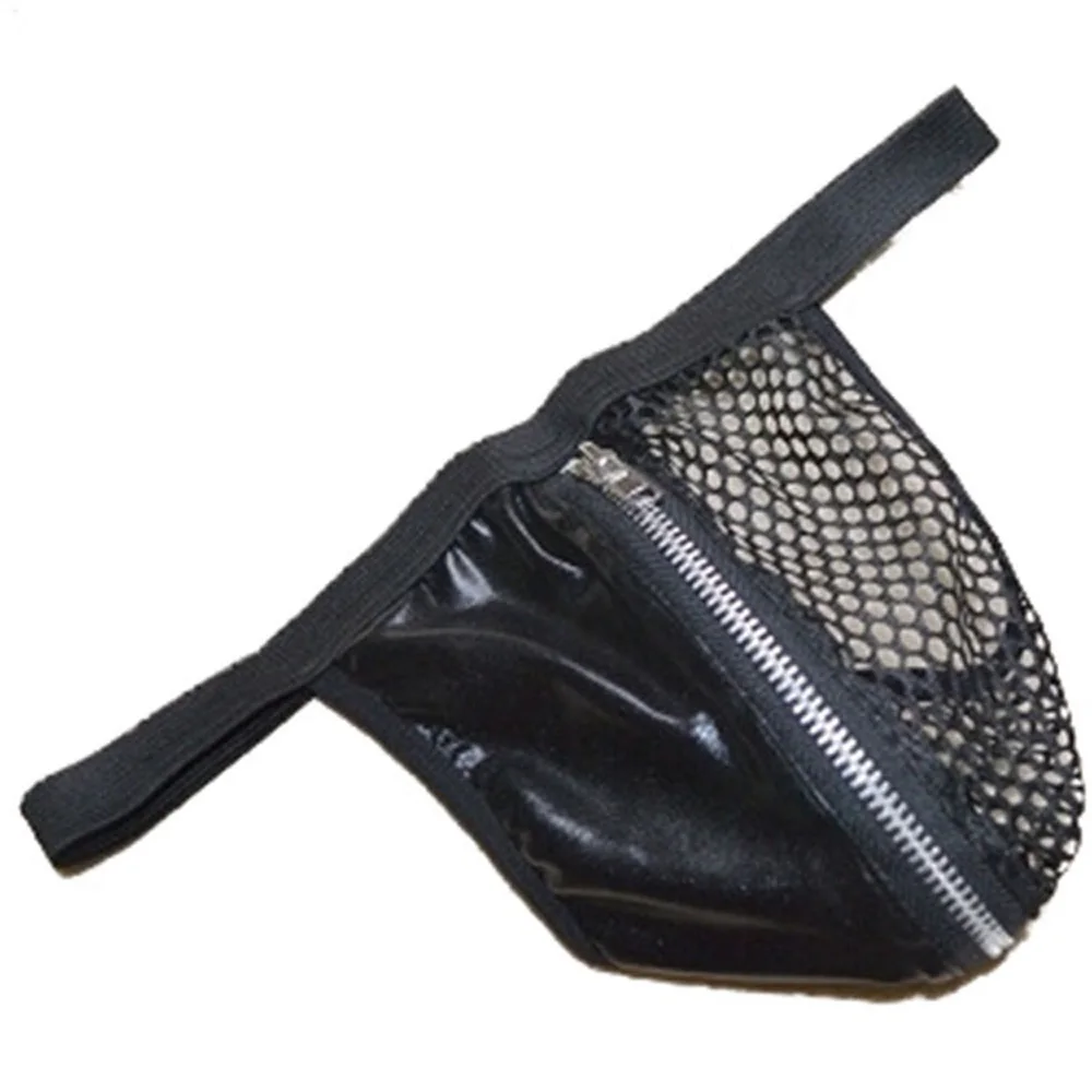 Underwear-Men-Zipper-Thong-Black-Leather-Splicing-Mesh-Briefs-U-Pouch ...