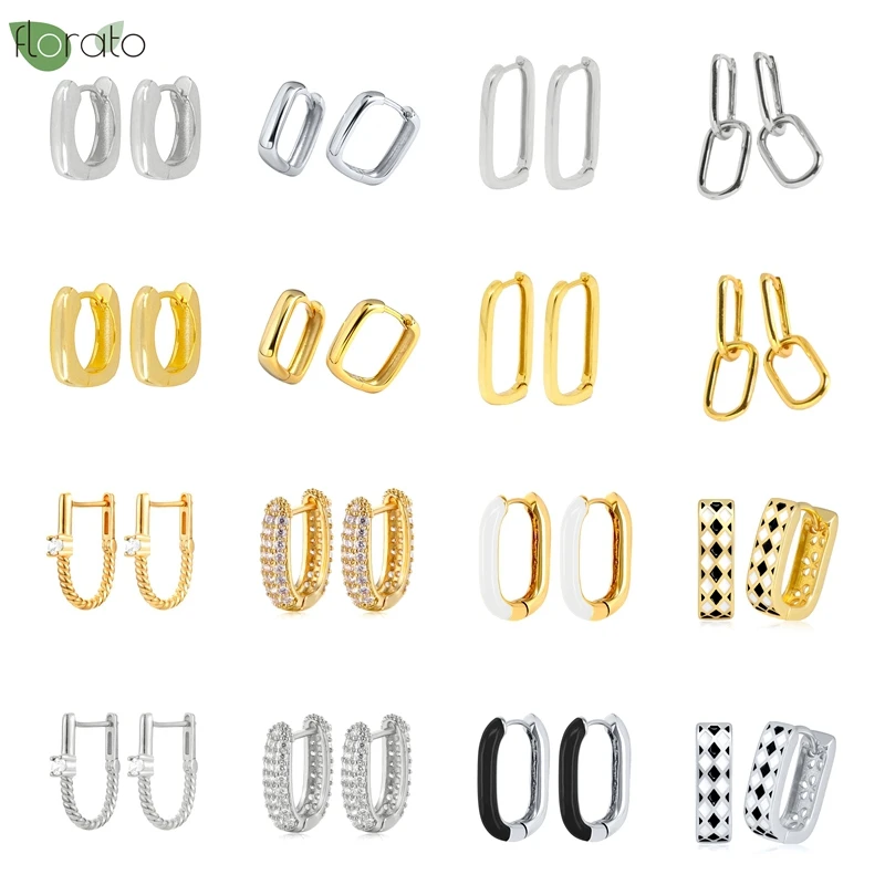 925 Sterling Silver Needle Simple Square 24K Gold Earrings Fashion ...