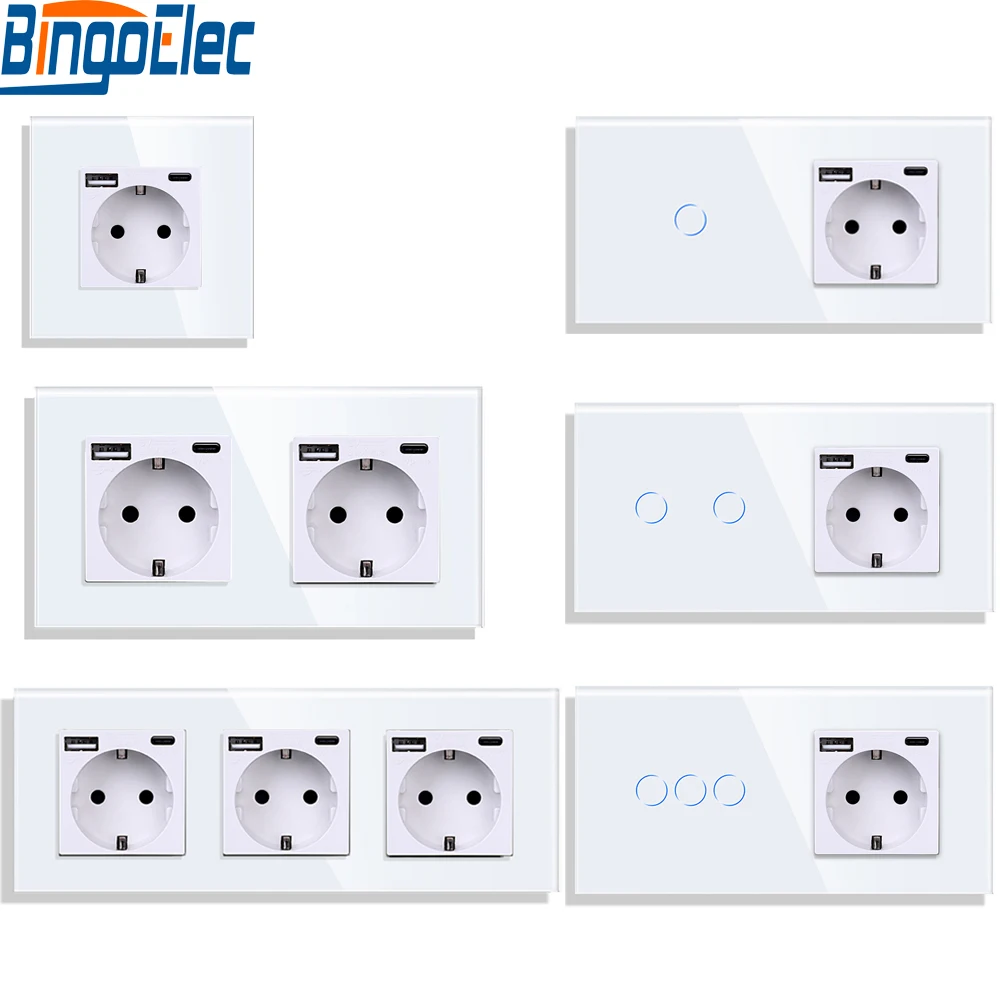 EU Standard Single Power Socket Touch Switch Crystal Panel USB Double ...