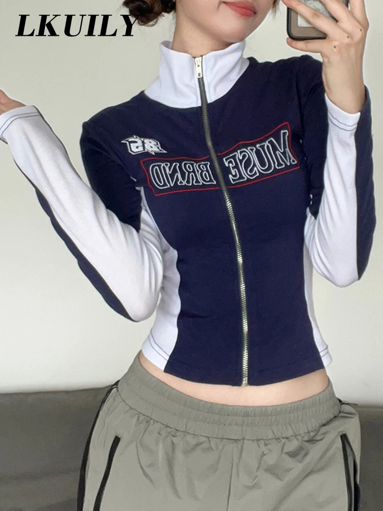 List drukuj moda Y2K kurtki długie rękawy Patchwork skręcić w dół szyi ...