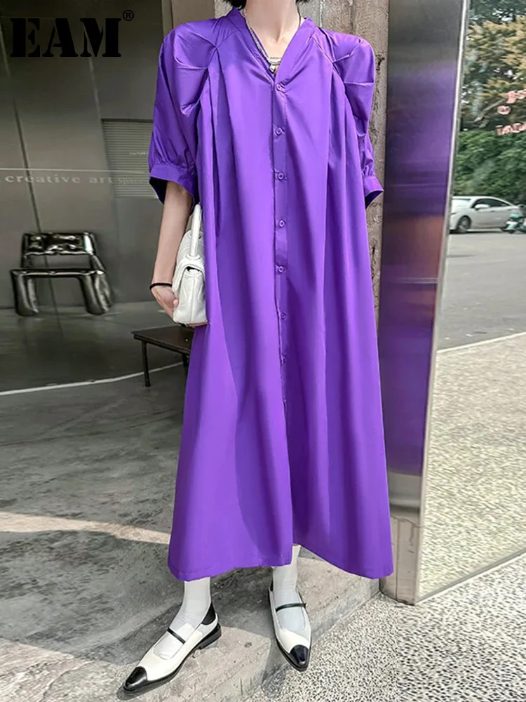 EAM-Women-Purple-Pleated-Big-Size-Long-Shirt-Dress-New-V-Neck-Half-Puff ...