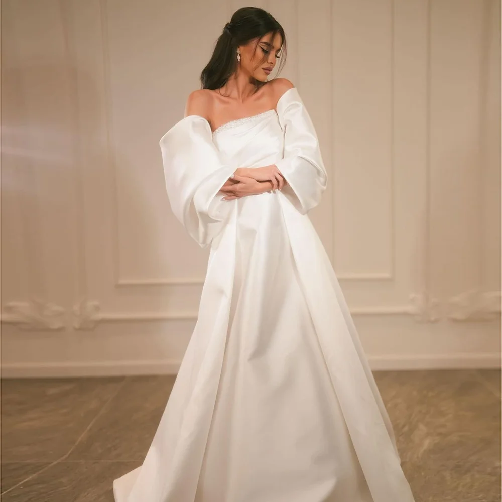 Classic-Boat-Collar-Satin-Solid-A-line-Bridal-Weeding-Dress-Backless ...