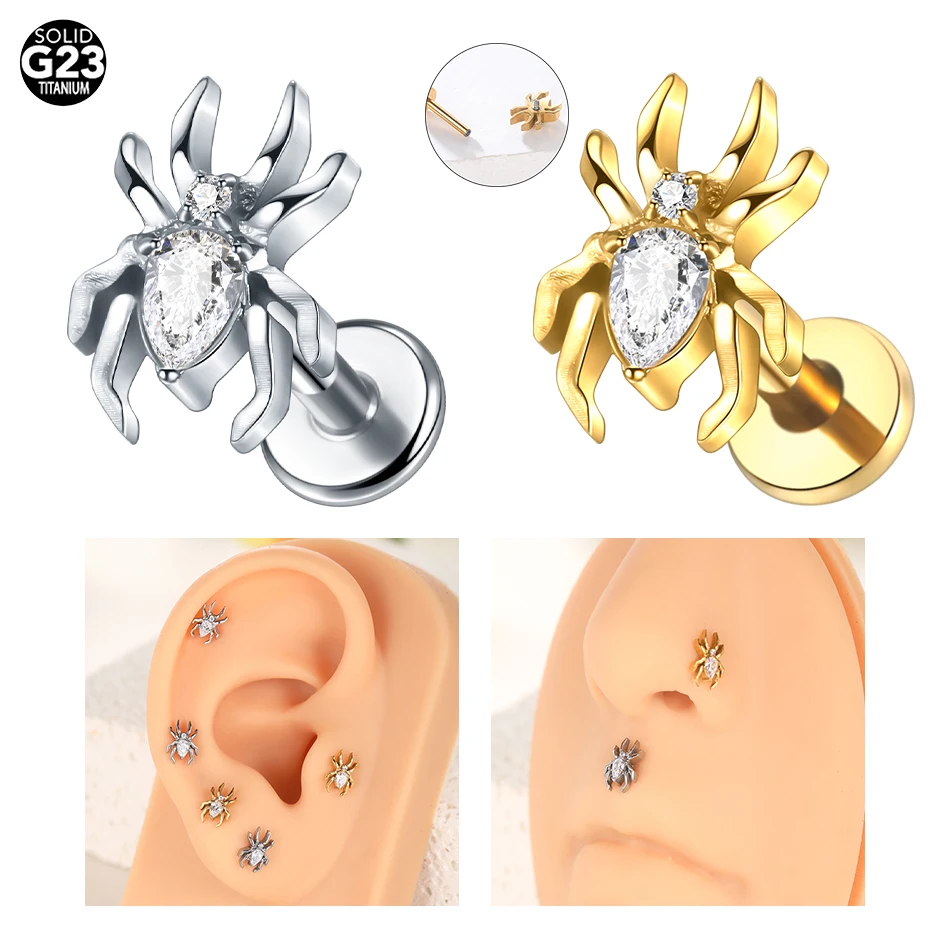 1/5PCS Titanium Spider EAR Studs PIERC CZ Paved Top Threaded Labret ...