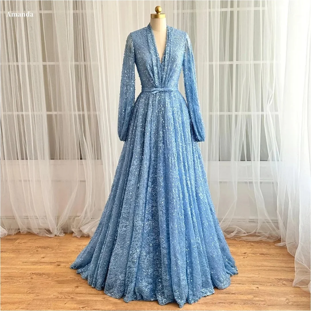 Amanda Customized Light Blue Sequin Long Sleeve Prom Dress Deep V ...