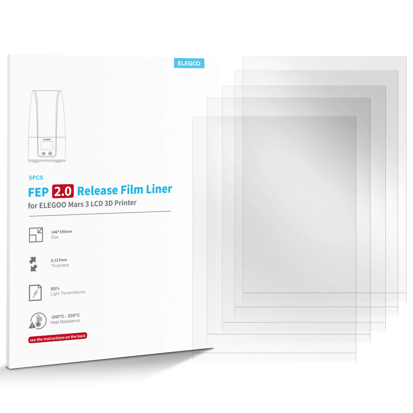 Elegoo 5pcs Fep V2.0 Release Films Set For Mars 3 Lcd 3d Printer Fep 3d ...