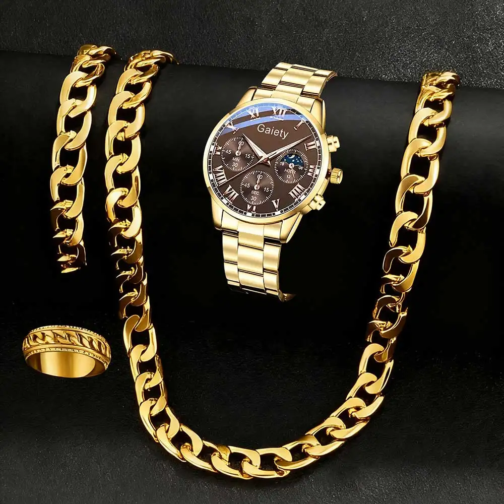 4PC Gold Luxury Men Watch Set Business Trend Roman Digital Scale Round ...