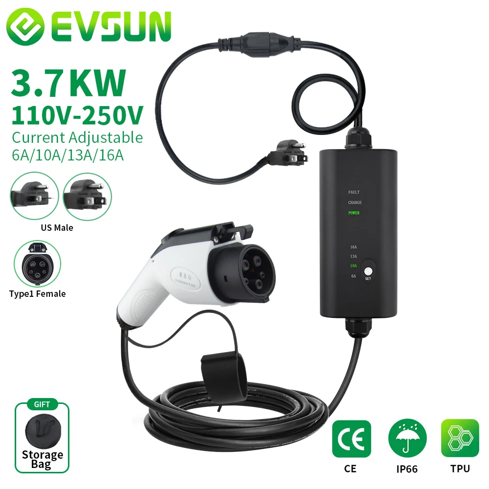 Evsun Car Portable Ev Charger Type 1 Sae J1772 16a Evse Electric ...