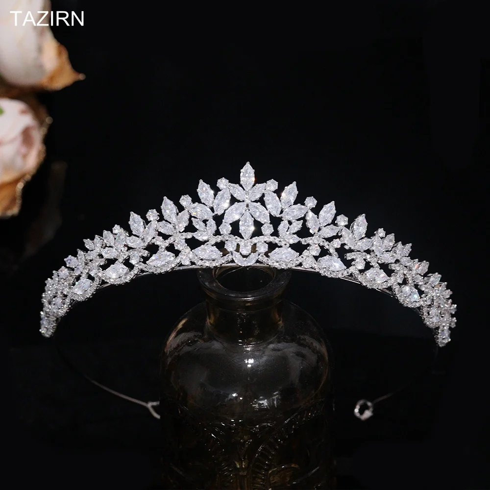 TAZIRN Small Floral Wedding Bride Crowns Cubic Zirconia Tiaras Handmade ...