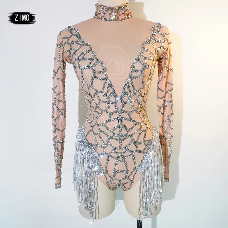 Sparkly-Rhinestones-Tassel-Bodysuit-sexy-club-outfit-for-womens-long ...