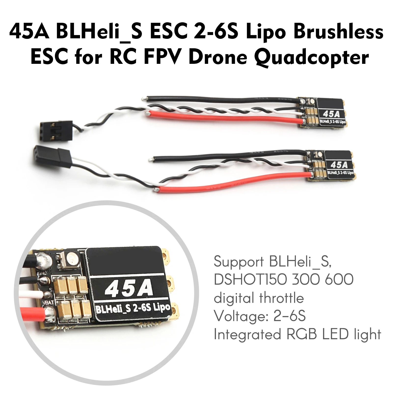 45A BLHeli_S ESC 2 6S Lipo 브러시리스 ESC 전자 속도 컨트롤러, 내장 프로그래밍 가능 RGB LED ...