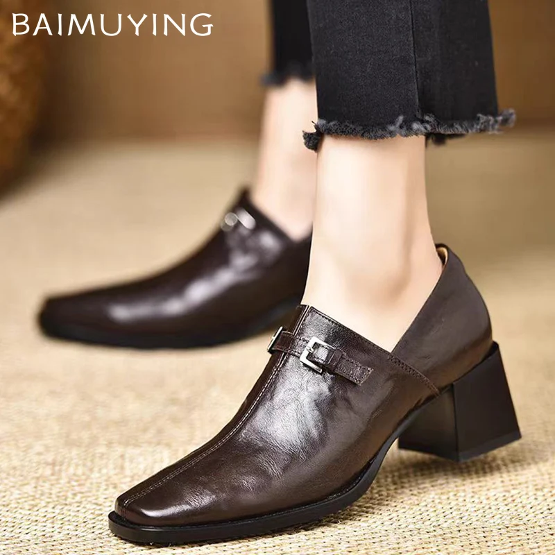 Botines-de-cuero-con-punta-cuadrada-para-Mujer-zapatos-elegantes-de-tac ...