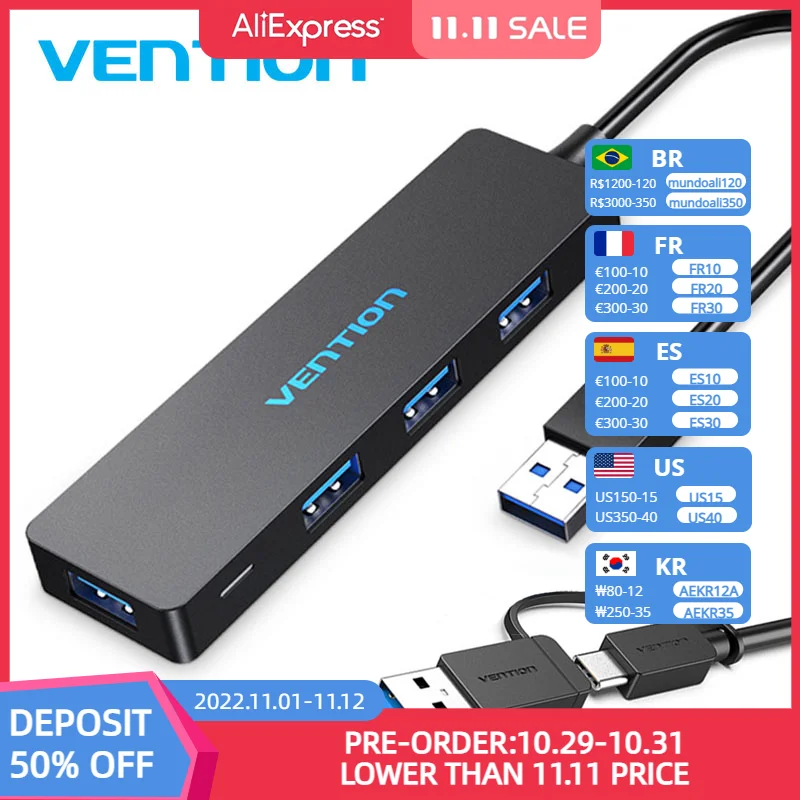 Vention 4-port Usb Hub 3.0 2.0 Ultra Slim Data Hub Type-c Hub For ...