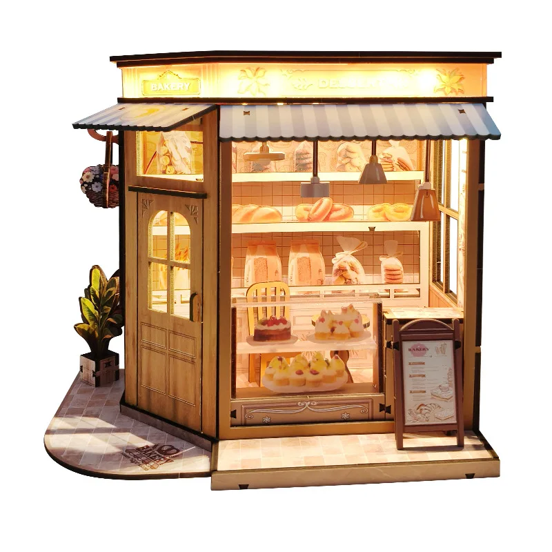DIY Wooden Bakery House Cottage Figurines Miniatures Kits Assembled ...