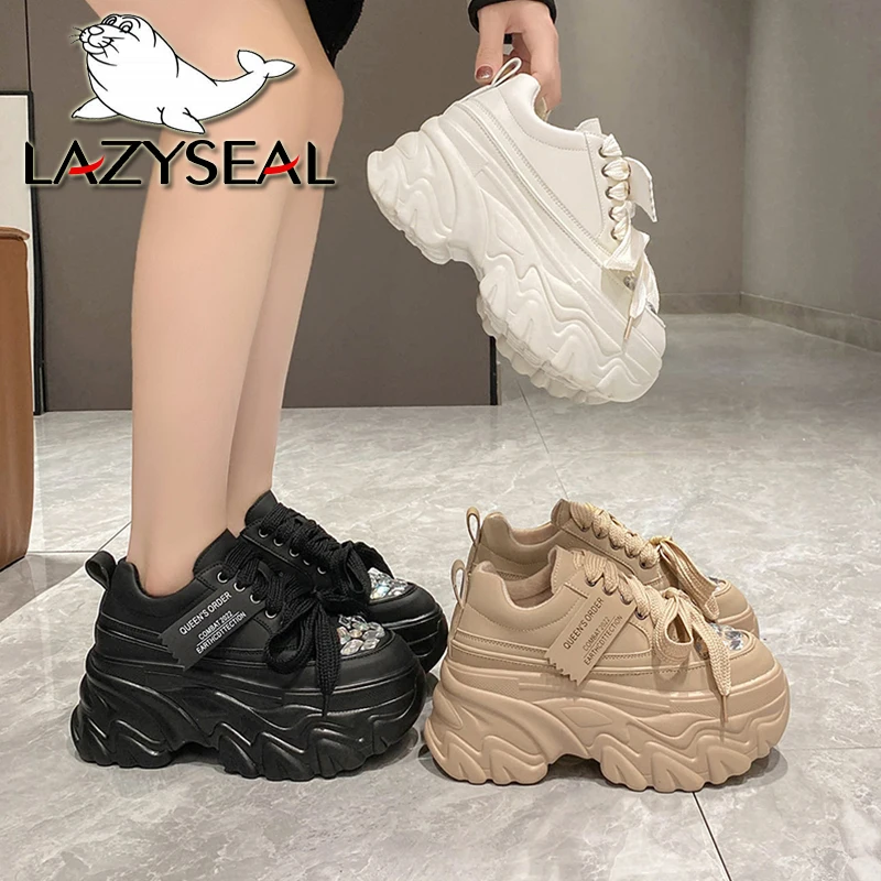 LazySeal-8cm-Chunky-Heel-Women-Sneakers-Boots-Crystal-Design-Lace-Up ...