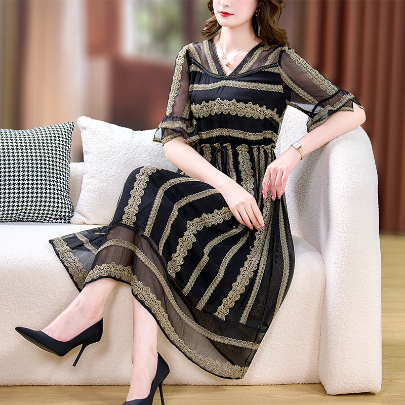 2024-Fashion-Embroidery-Striped-Silk-Luxury-Long-Dress-Women-Korean ...