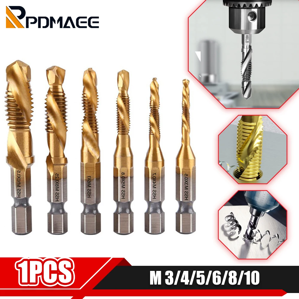 Titanium Tap Drill Bit Set Hex Shank Plated HSS Wood Drilling Thread ...