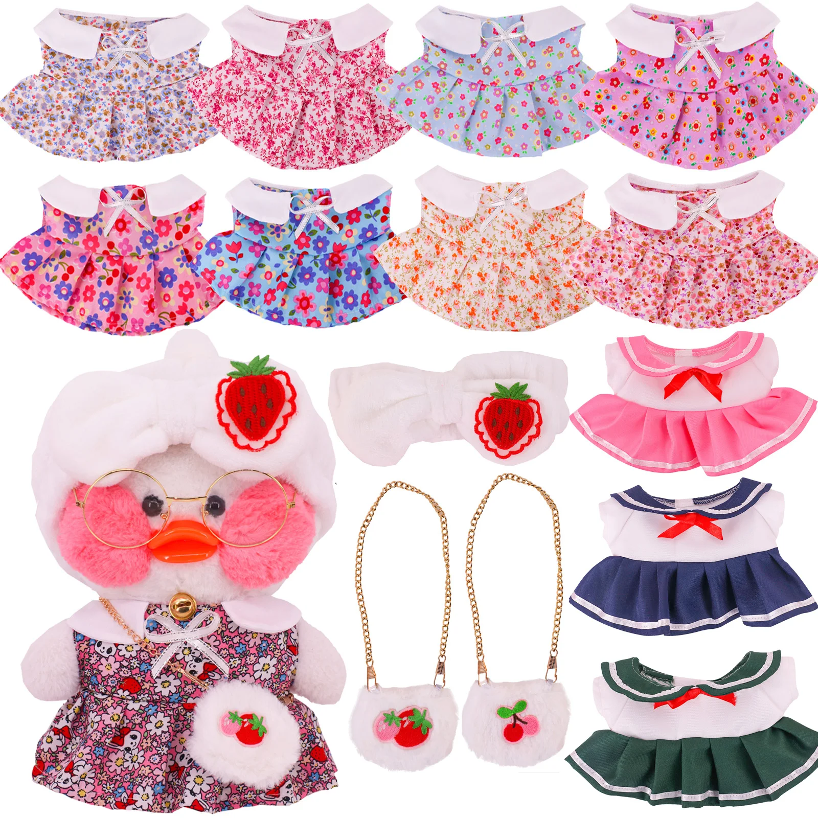 30cm Duck Plush Cafe Lalafafan Clothes Duck Bag Glassess Floral Dress ...