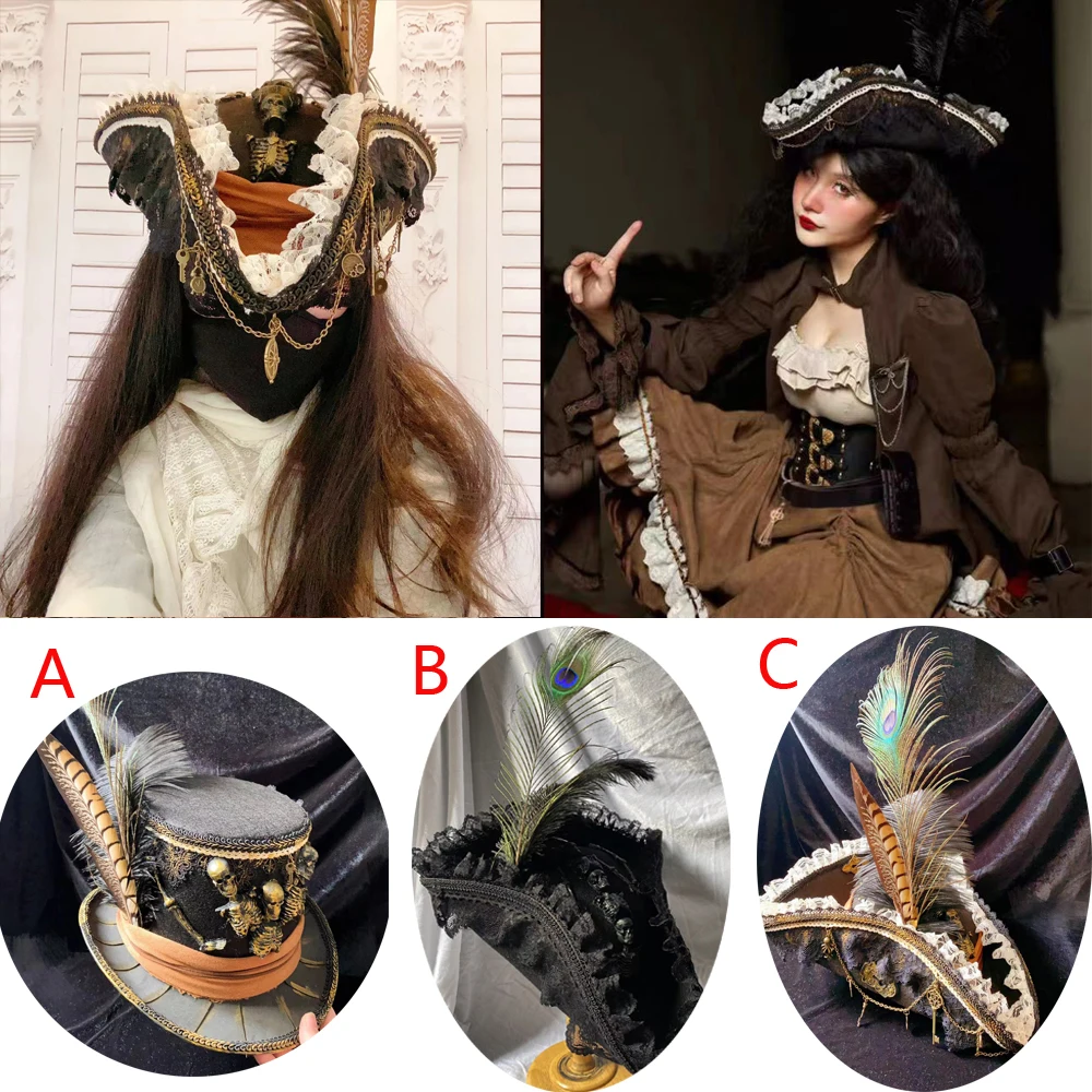 Pirate-Hat-Vintage-Skull-Triangle-Hat-Halloween-CosPlay-Pirate-Feather ...