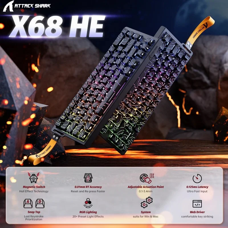 Attack Shark X68 He Rapid Trigger Keyboard Magnetic Switch 8k 0.01mm Rt ...